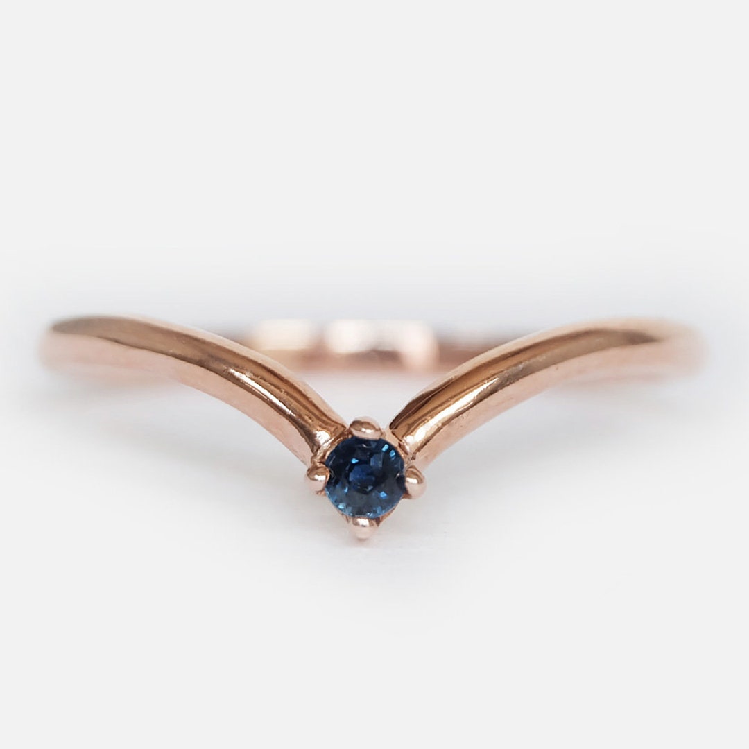 14K Rose Gold Blue Sapphire Ring, Dainty V Shaped Stacking Band ...