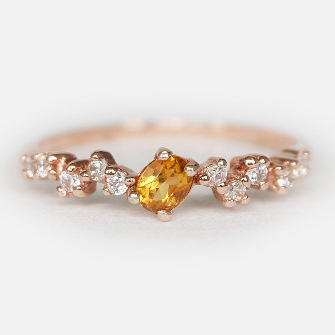 14k Rose Gold Citrine Ring, Oval Cut Citrine and Diamond Stacking Ring ...