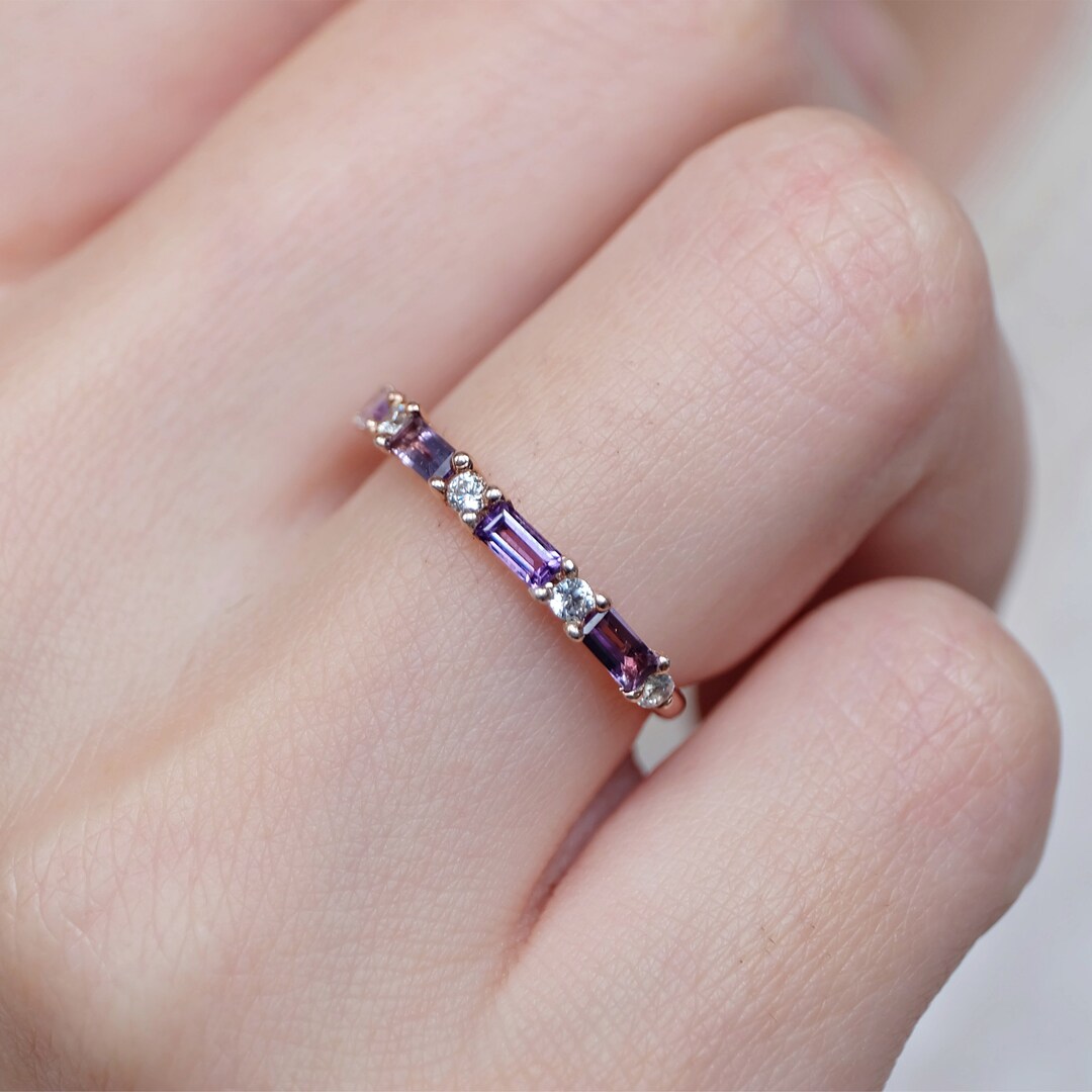 14k Rose Gold Amethyst and Diamond Ring, Baguette Cut Gemstone Band ...