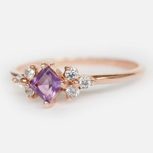 Princess Cut Amethyst Diamond Ring, Gold Diamond Cluster Ring, Square Amethyst Ring, Amethyst ...