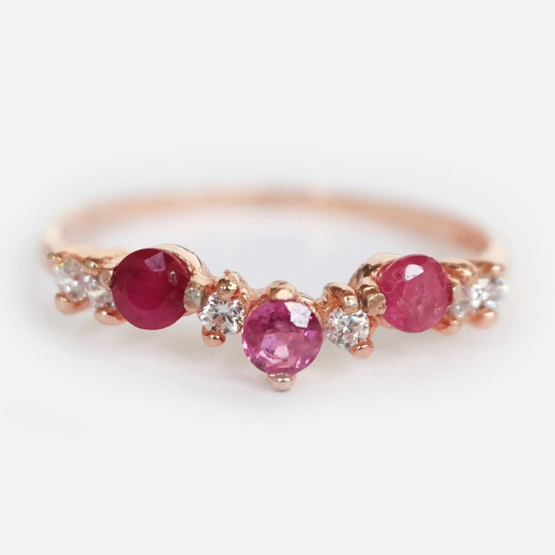 14K Rose Gold Ruby Diamond Cluster Ring, Dainty Stacking Band, July Birthstone Ring, Minimalist ...