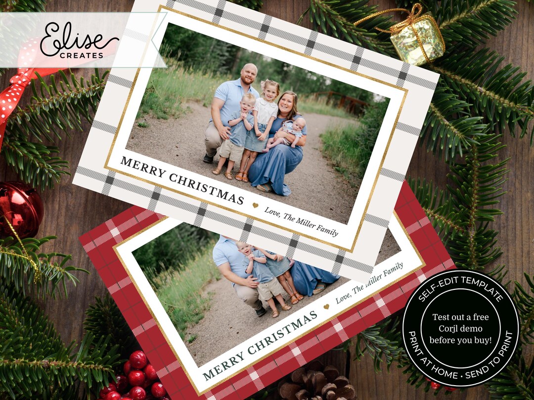 Christmas Plaid & Gold Photo Card Template | Christmas Photo Cards ...
