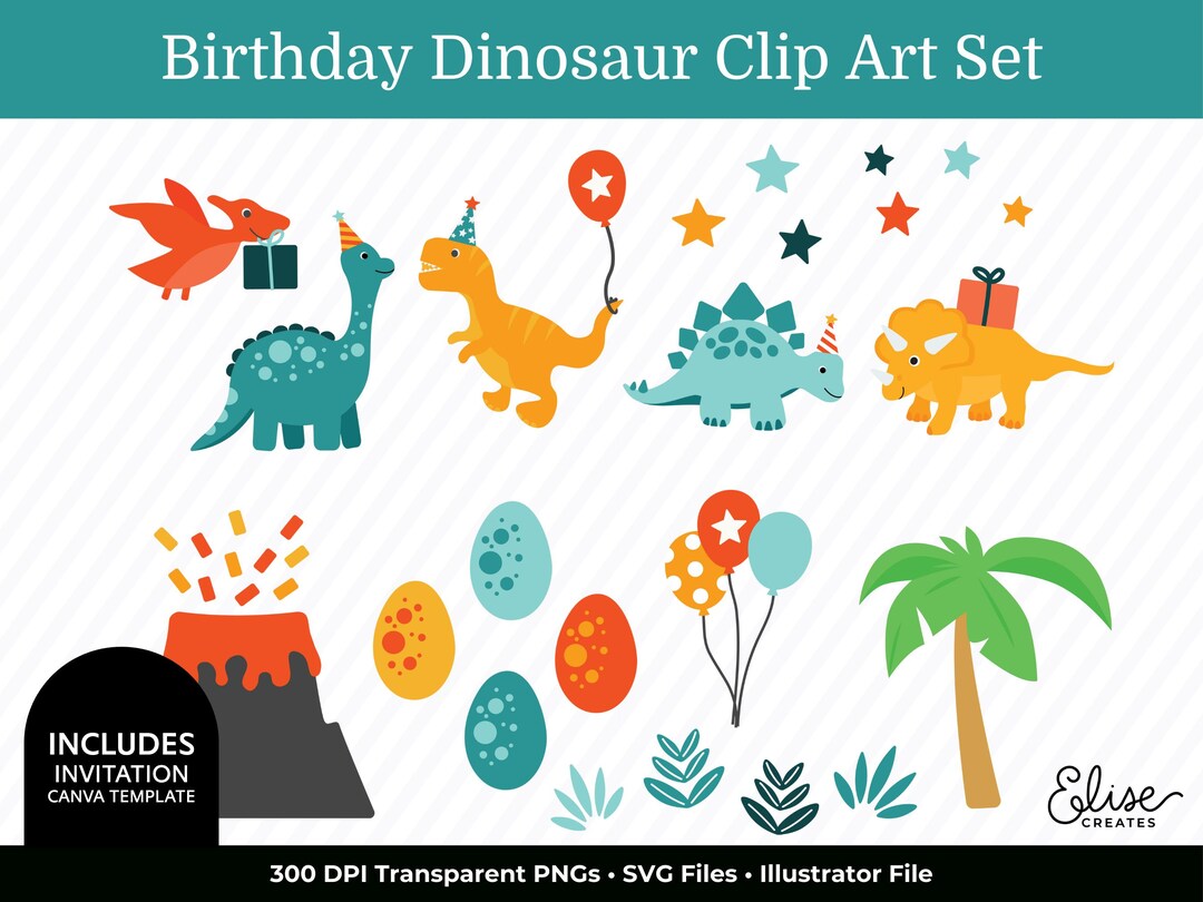 Cute Birthday Dinosaur Clip Art Bundle Dino Birthday Invitation Canva ...