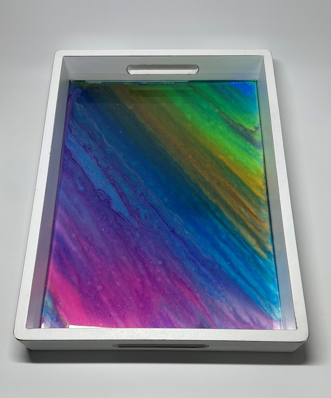 Large Rectangle Wooden Tray With Handles, Rainbow Pour Serving Tray ...
