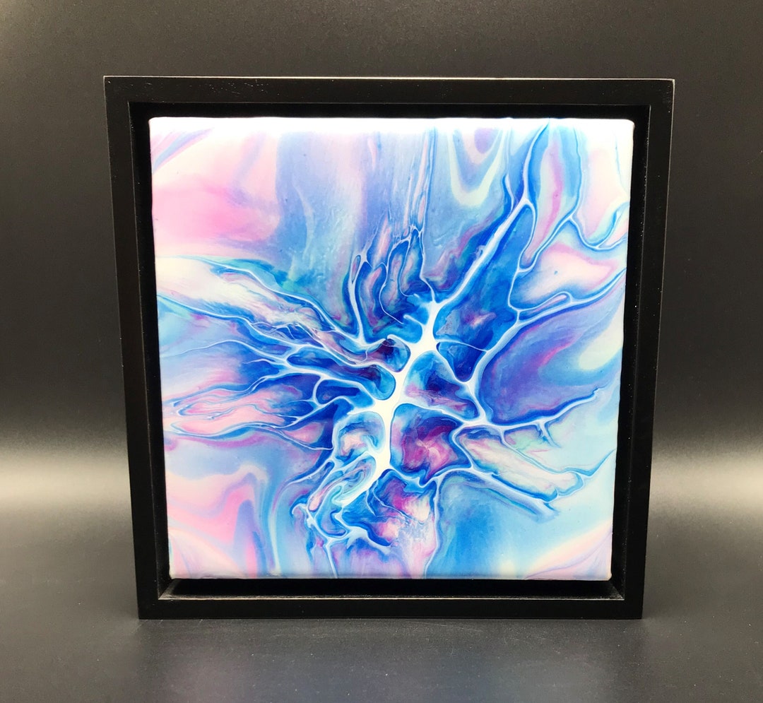 7" Float Framed Fluid Art Painting on Canvas, Abstract Acrylic Pour ...