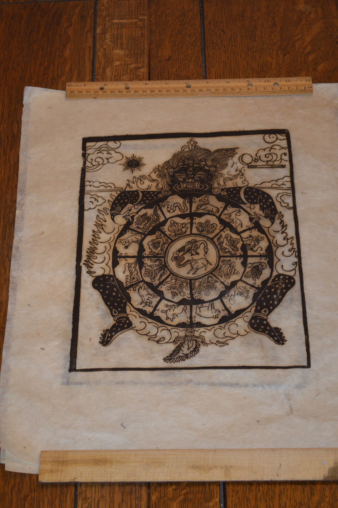 Vintage Rice Paper Print---wheel of Life Block Print---kali Wheel of ...