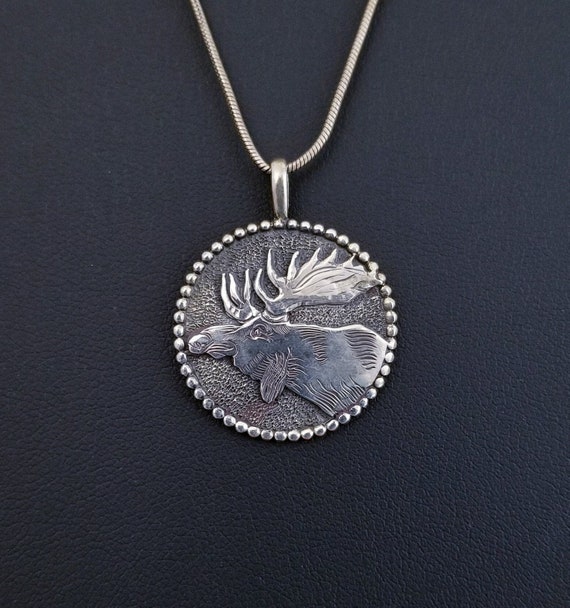 Vintage Sterling Silver Moose Pendant Necklace, KK Si… - Gem
