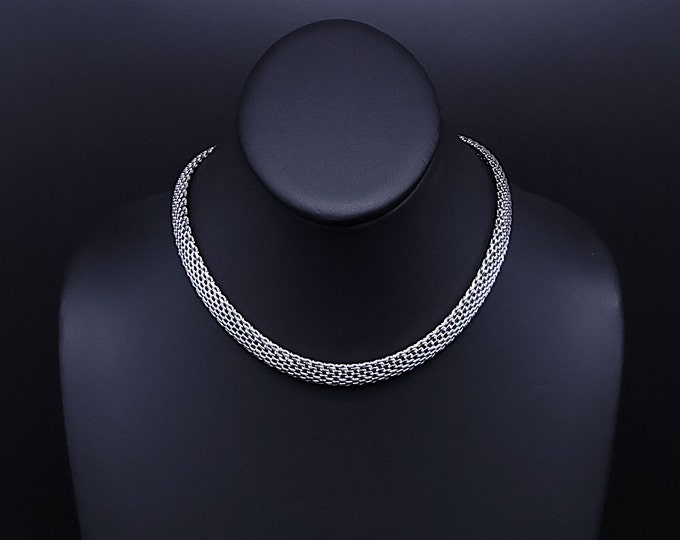 Vintage Sterling Silver Flat Mesh Chain Choker Necklace, GC Hallmarked ...