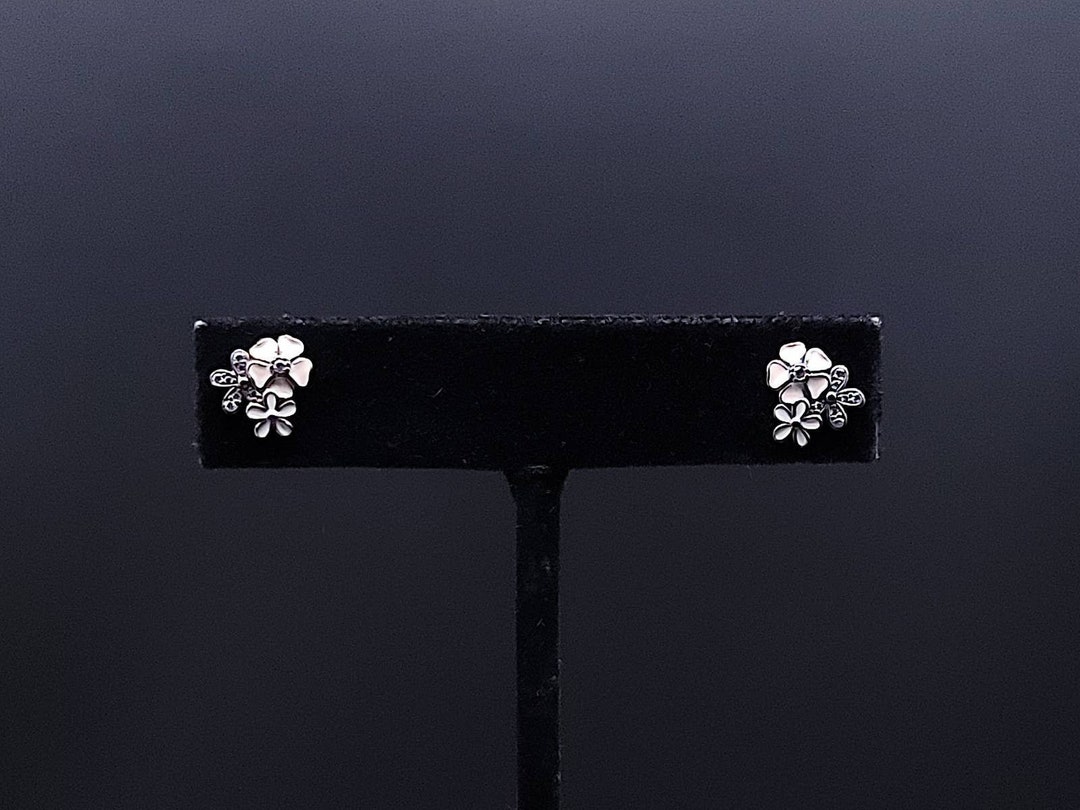 Vintage Pandora Dainty White Enamel Daisy CZ Stud Earrings, Sterling ...
