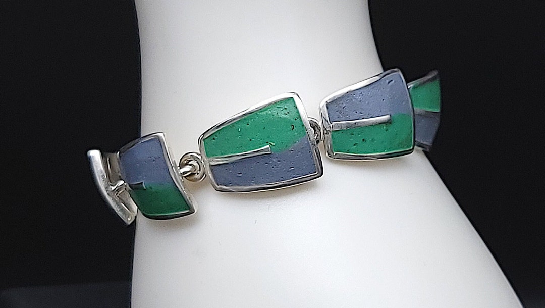 David Urso Modernist Green & Blue Crushed Resin Inlay Panel Link ...