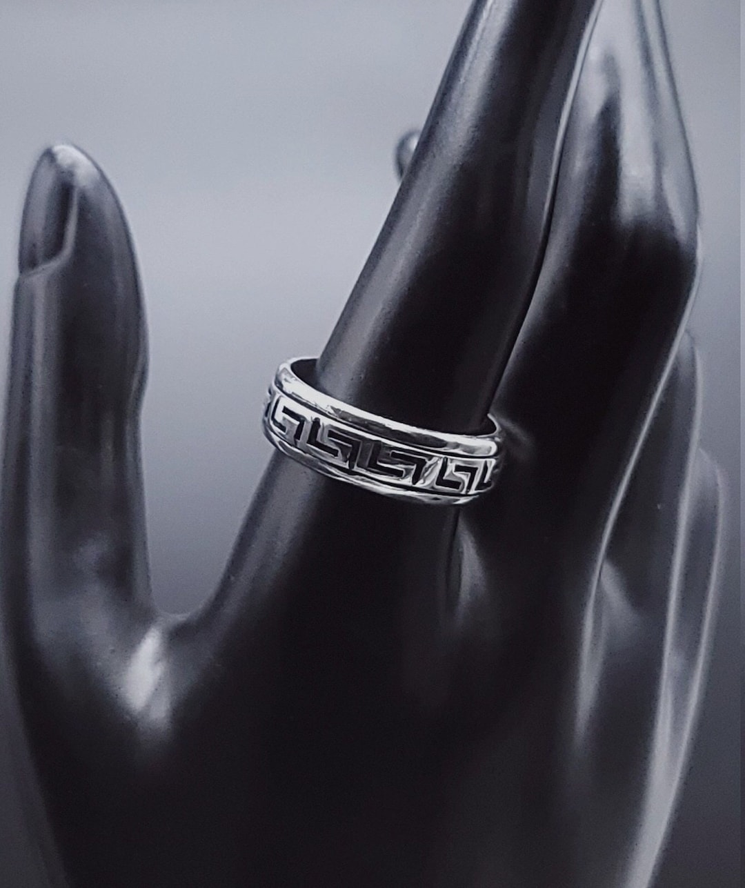 Men's Greek Key Spinner Ring Band, Vintage, 14K White Gold & Sterling ...