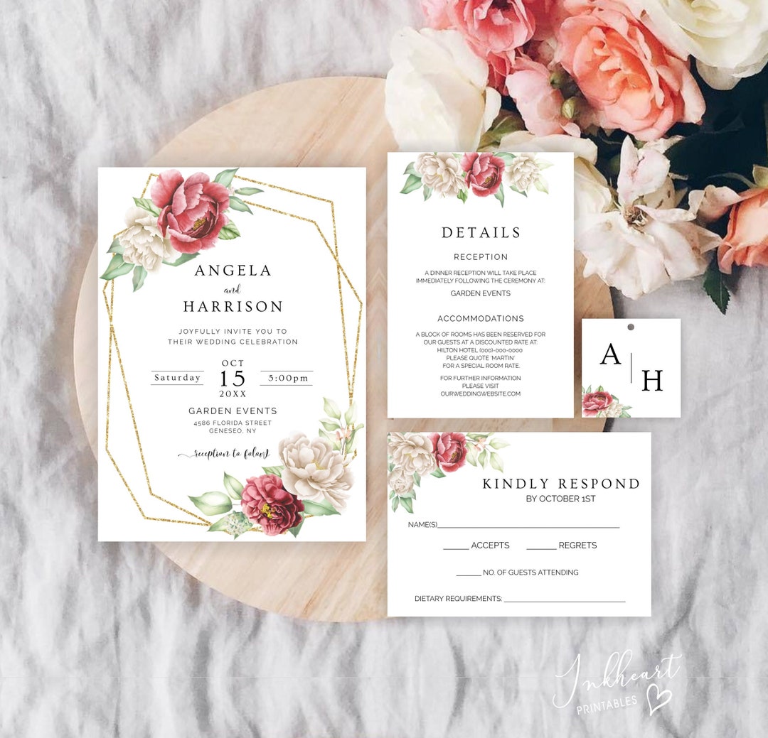 Burgundy Wedding Invitation Suit, Gold Frame With Red and White Florals ...