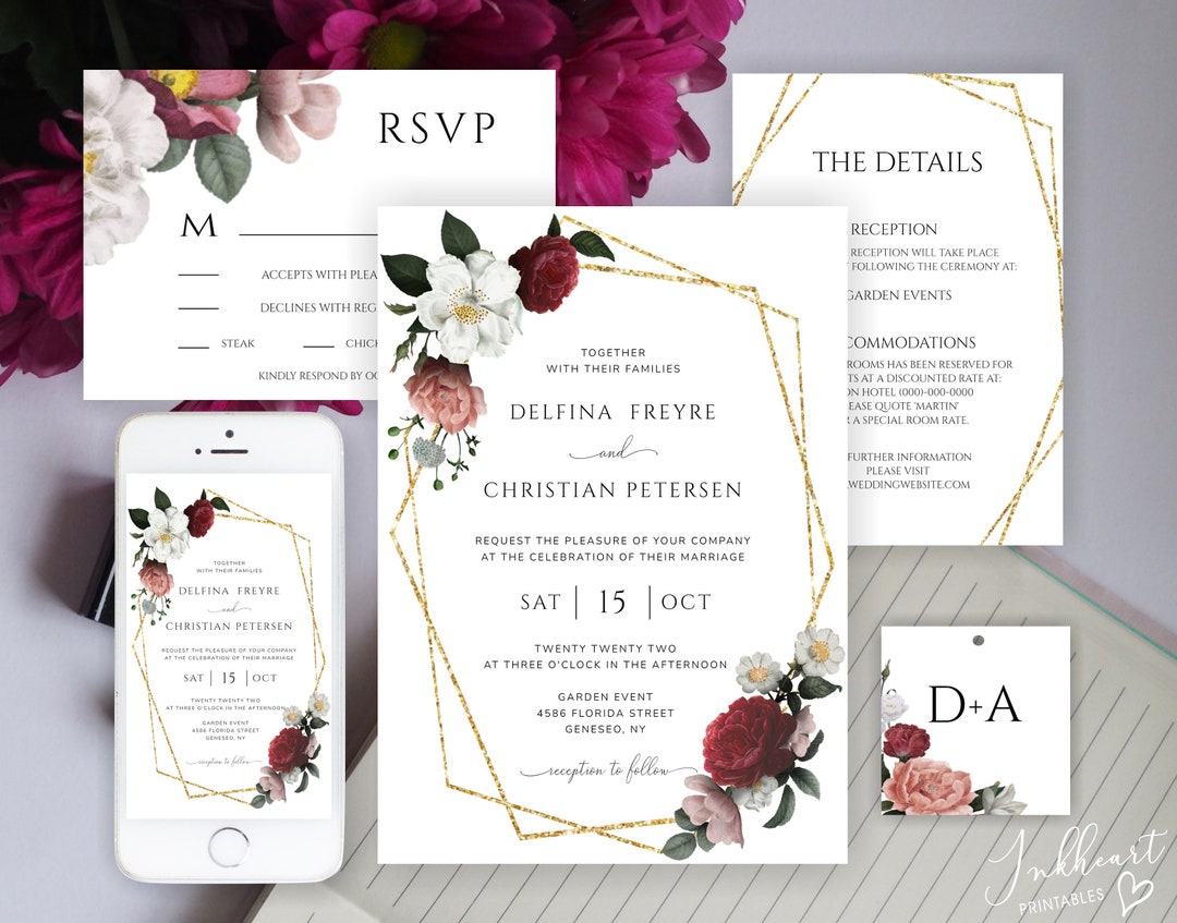 Burgundy Wedding Invitation Template Set, Printable Wedding Invitation ...