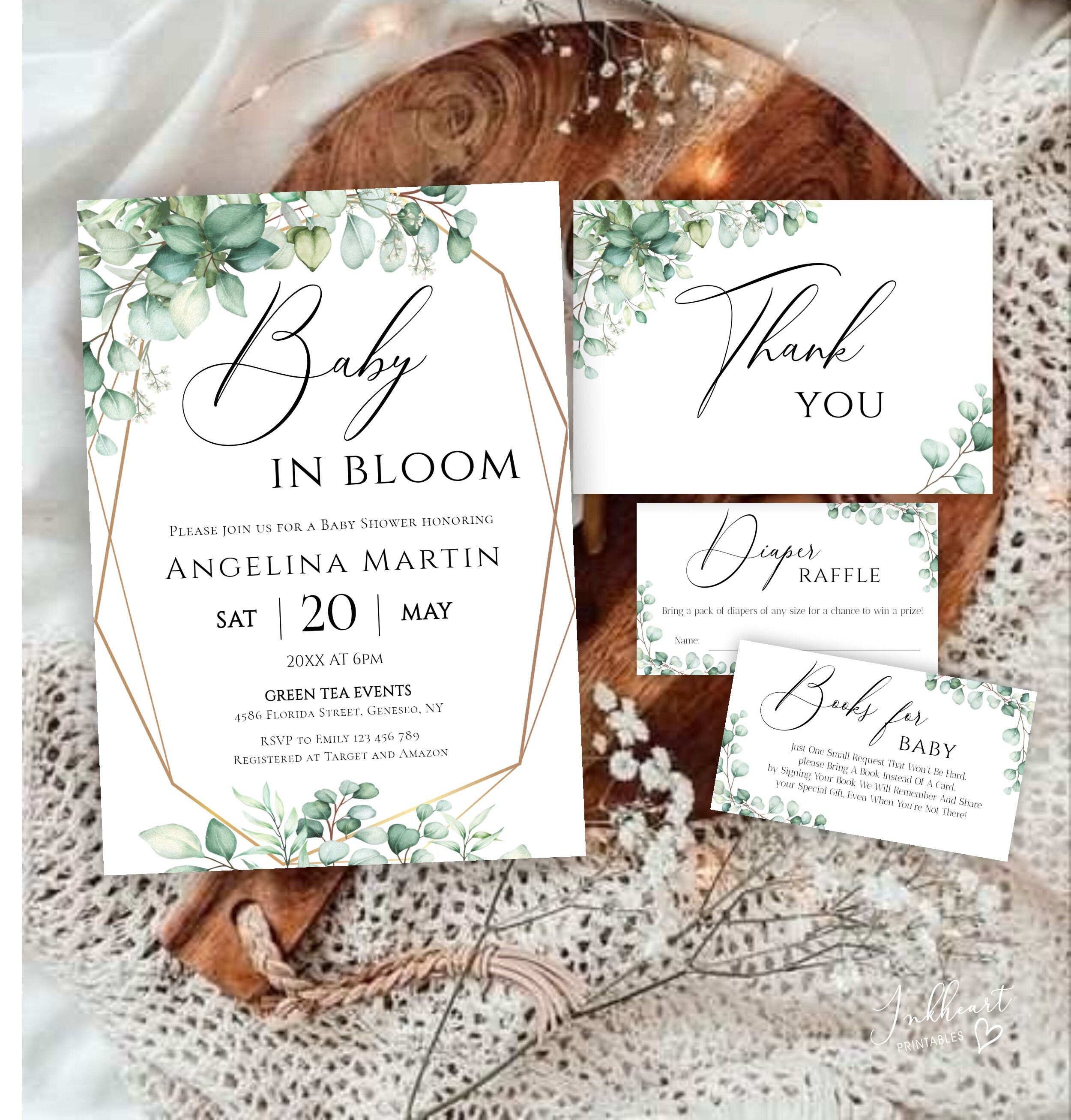 Greenery Baby Shower Invitation Suite, Baby in Bloom Baby Shower ...