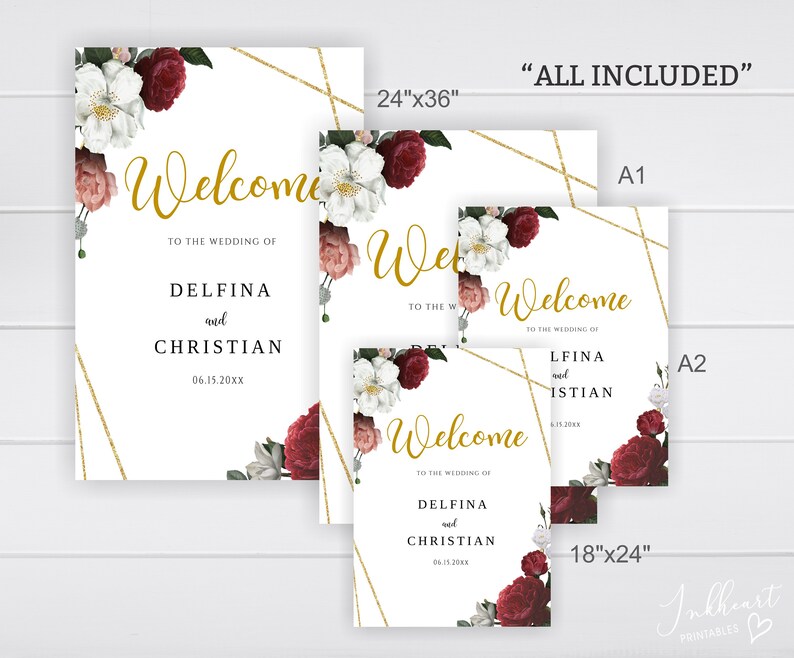Wedding Welcome Sign Template Burgundy Welcome Sign - Etsy