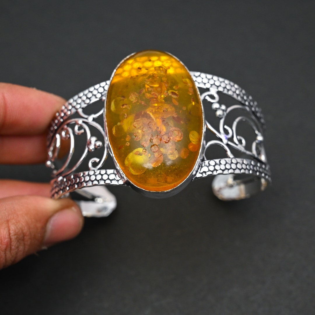 Amber Bangle, 925 Sterling Silver, Handmade Bangle, Gemstone Bangle ...