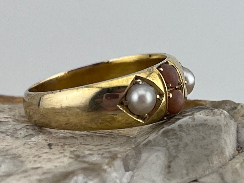 18ct Gold Coral & Pearl Antique Victorian Ring Band Stacker Spacer Size ...