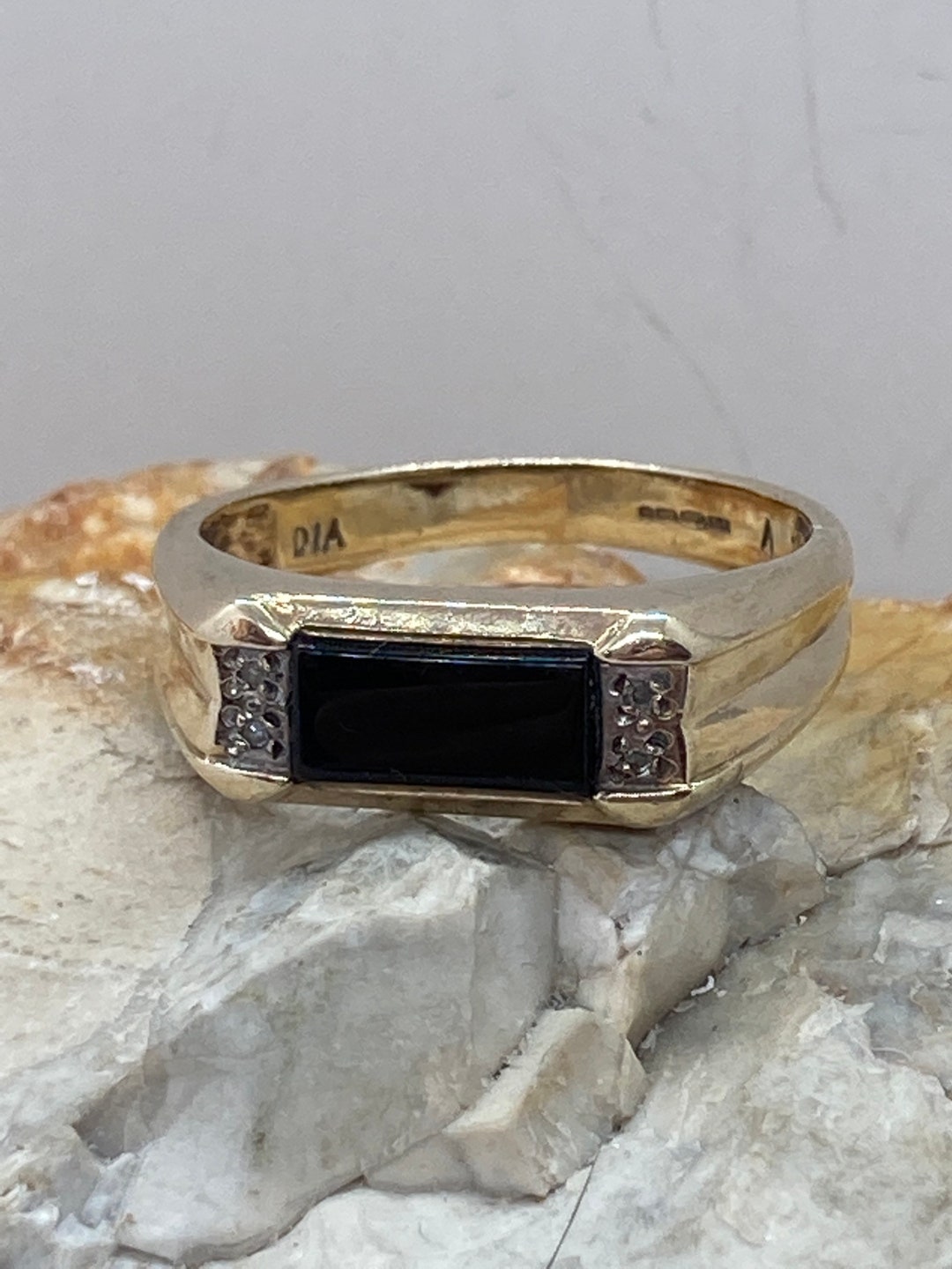 20th Century 9ct Gold Jet and Diamond Signet Band Ring Stacker Spacer ...