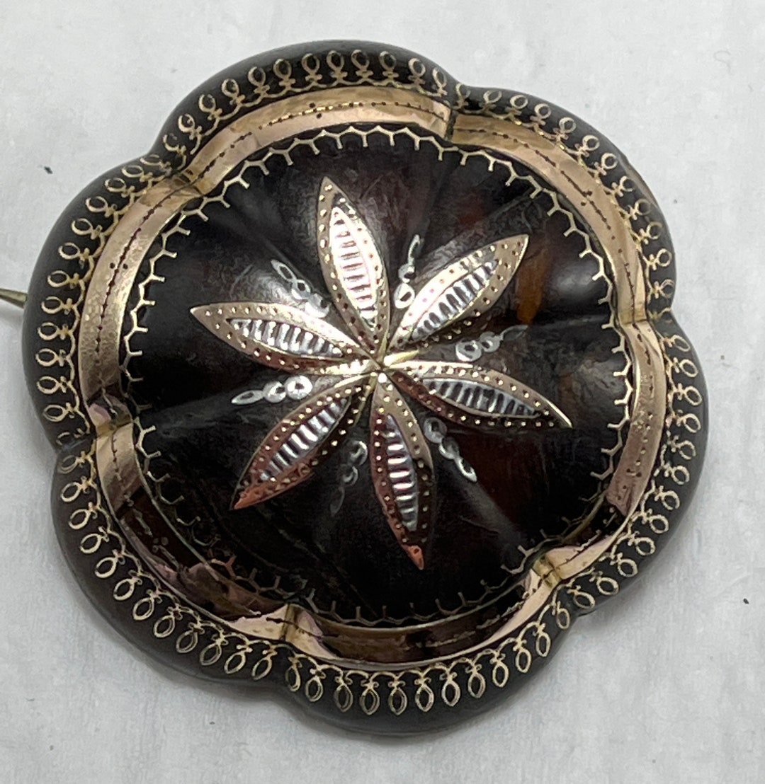 Antique Gold and Silver Inlaid Tortoiseshell Floral Brooch - Etsy