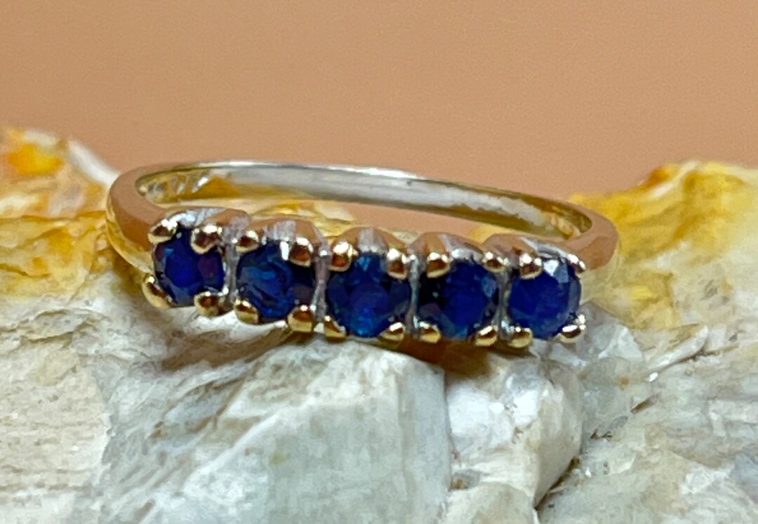 14ct Gold 5 Sapphire Line Half Hoop Ring Band Stacker Size Ukm Usa6.25 ...