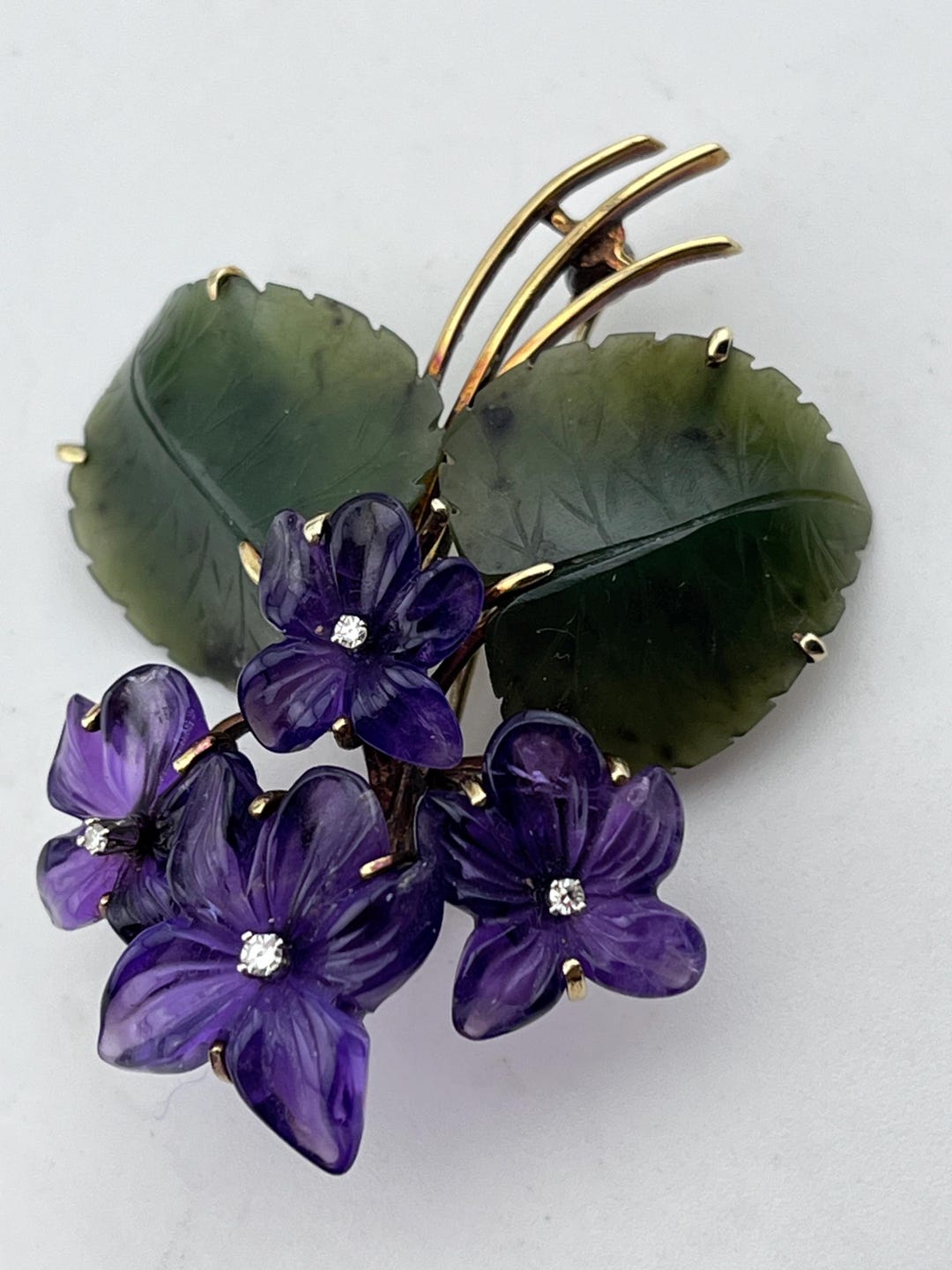 14ct Gold Jadeite and Amethyst and Diamond Violets Posy Antique Brooch ...