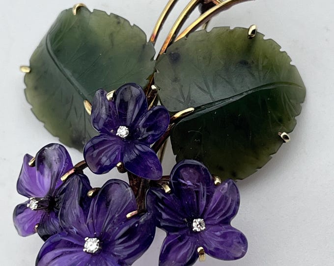 14ct Gold Jadeite and Amethyst and Diamond Violets Posy Antique Brooch ...