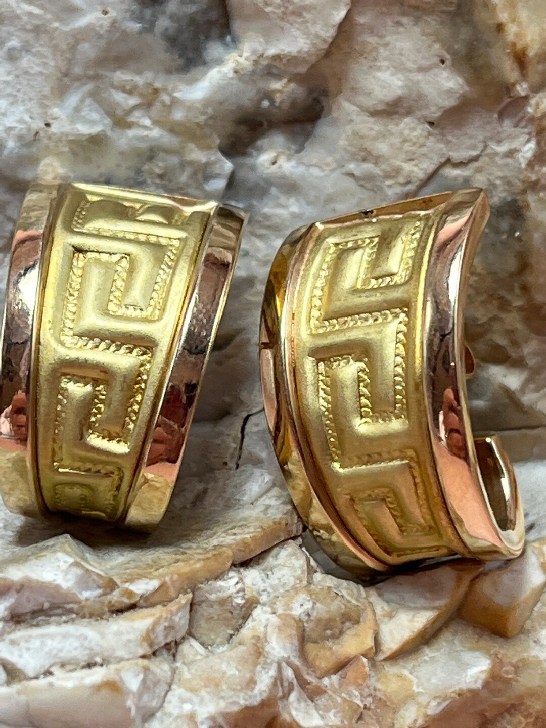 14ct Gold Greek Key Design J Shaped Half Hoop Earrings RESERVED - Etsy