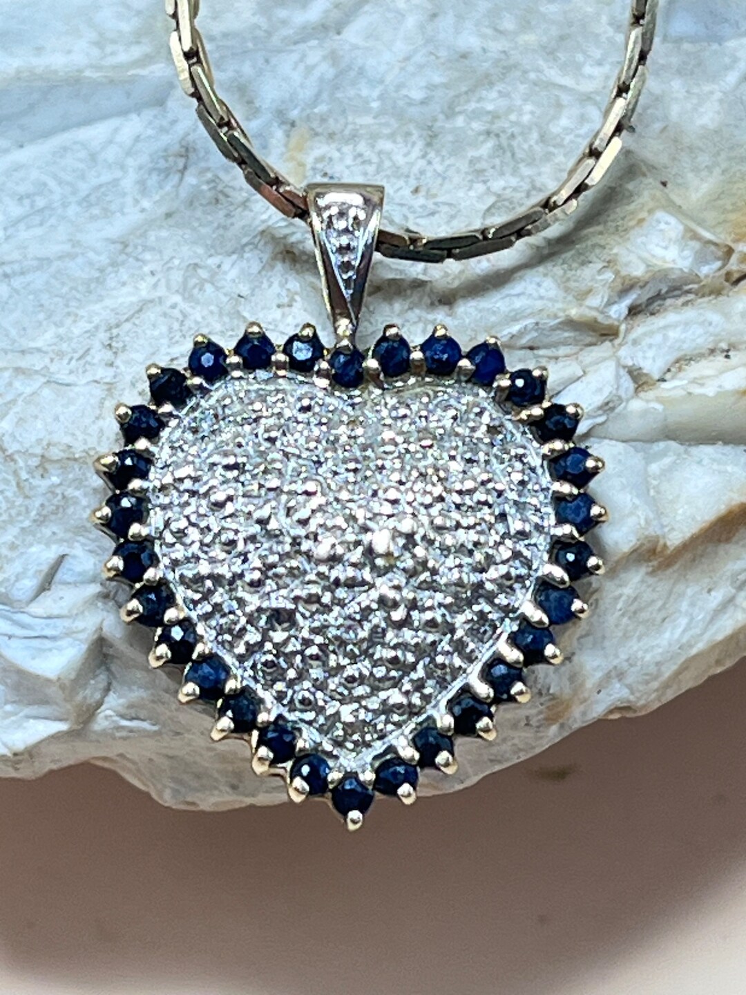 Vintage 9ct Gold Diamond Sapphire Heart Pendant Necklace - Etsy