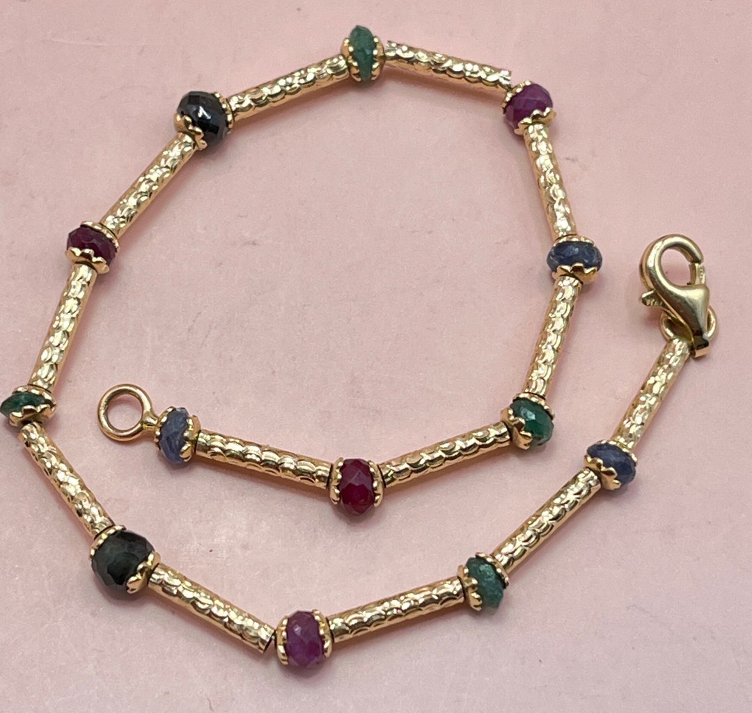 19cm 14ct Gold Italian Gemstone Bracelet With Sapphire, Emerald & Ruby ...