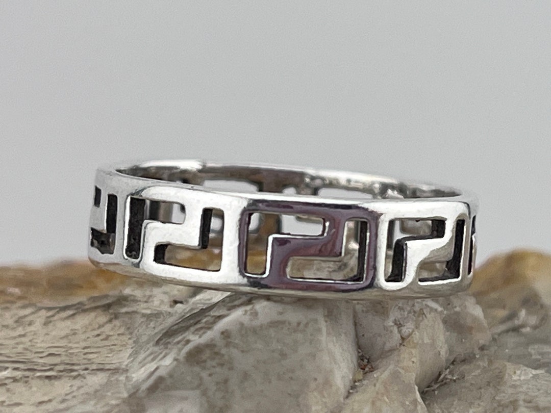 Vintage Silver Greek Key Pattern Band Ring Stacker Spacer Size Uk R USA ...