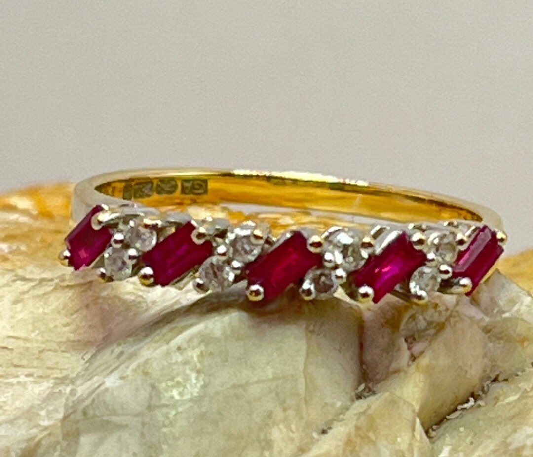 Vintage 18ct Gold Diamond and Ruby Half Hoop Stacker Ring Band Size Uko ...