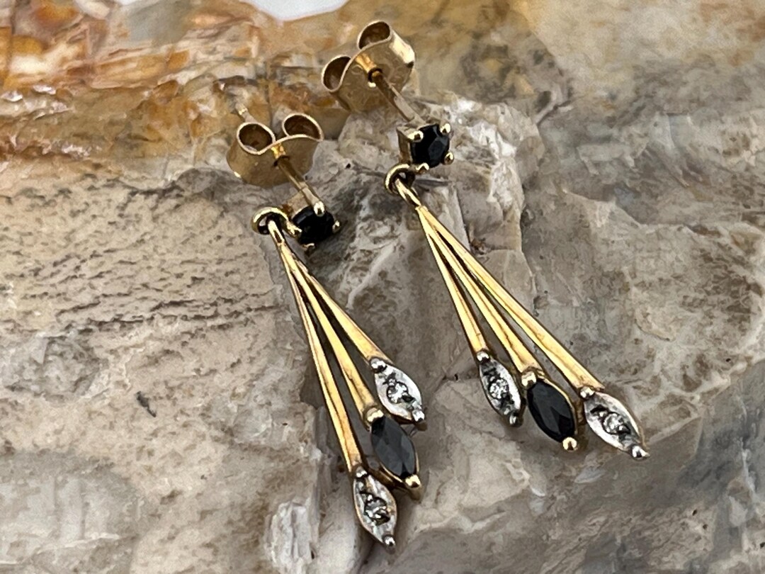 Vintage Sapphire & Diamond Fan Drop Dangle 9ct Gold Earrings Studs - Etsy