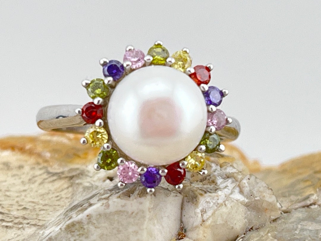 Djoy Sterling Silver Pearl and Multicolour Gem Halo Ring Size Uk N1/2 ...