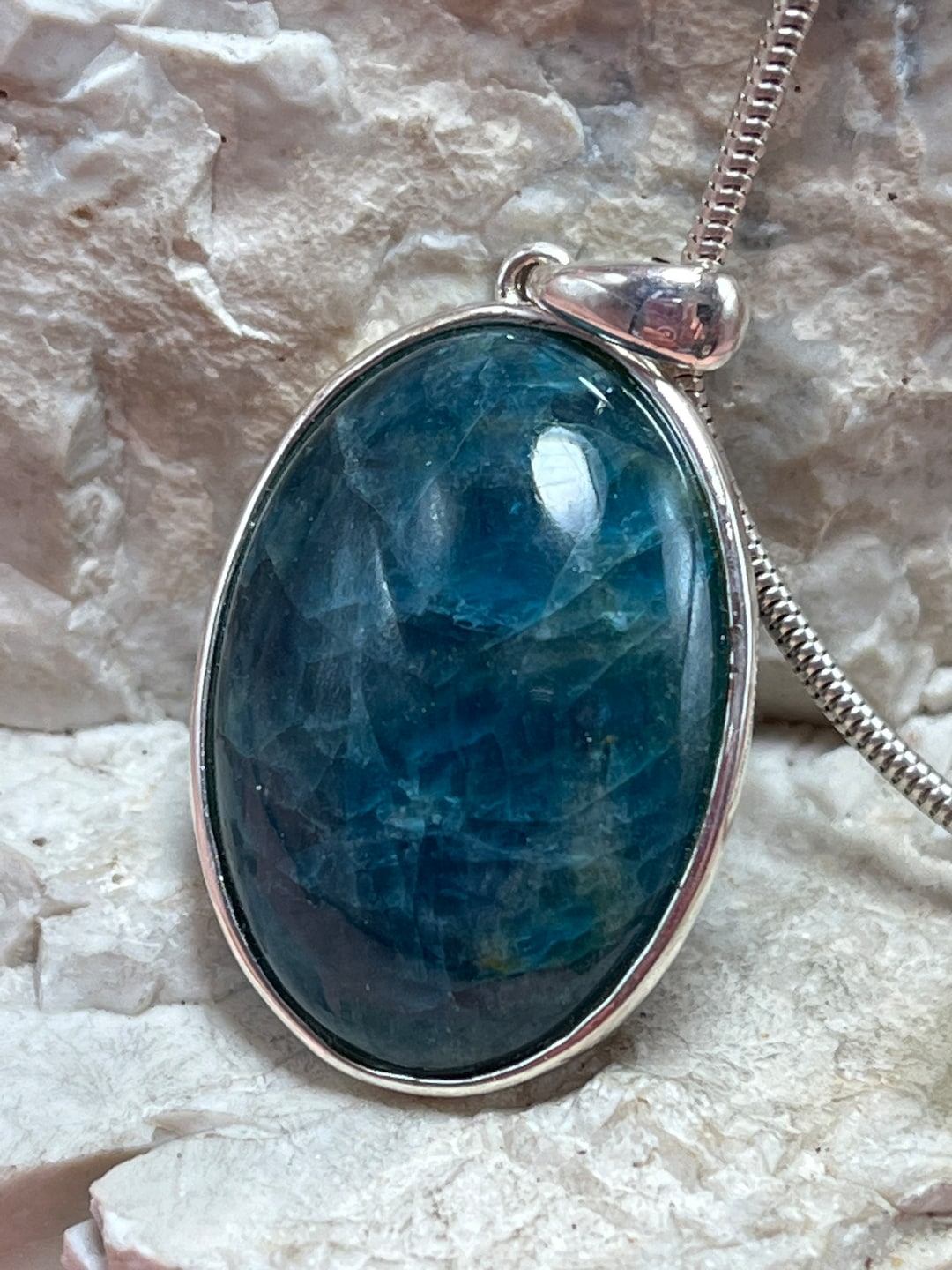 Sterling Silver Mounted Petrol Blue Hardstone Necklace 40cm Snake Chain ...