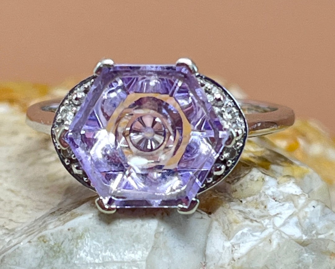 Lehrer White Gold Quasar Cut Amethyst & Diamond Ring Size Ukl Usa5.75 ...