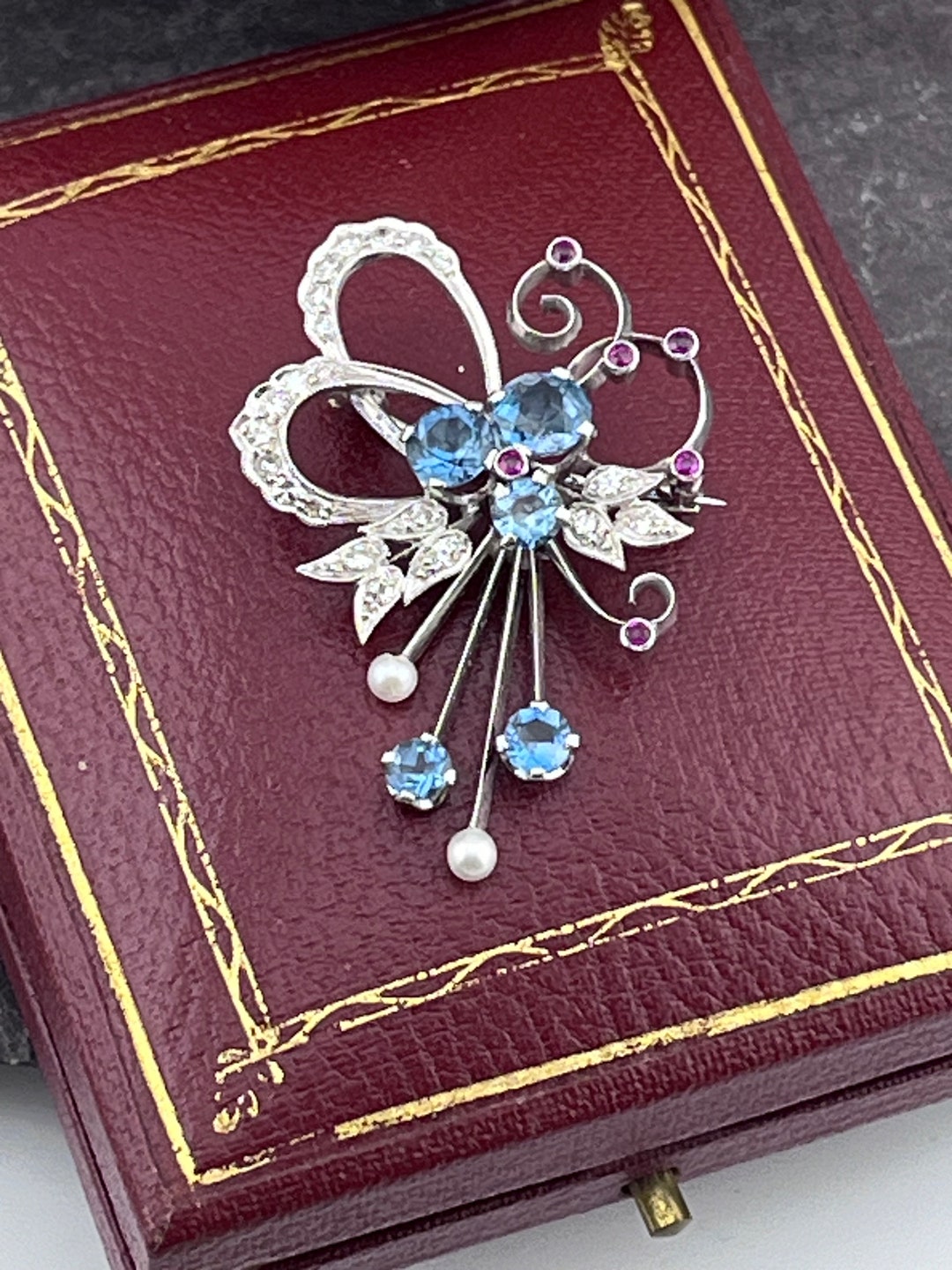 Vintage Garrard & Co 18ct White Gold and Platinum Diamond, Aqua, Ruby ...