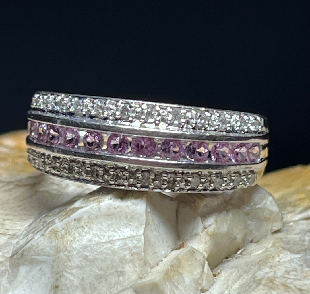 Pink Sapphire and Diamond 9ct Gold Band Ring Stacker Spacer Size Ukl1/2 ...