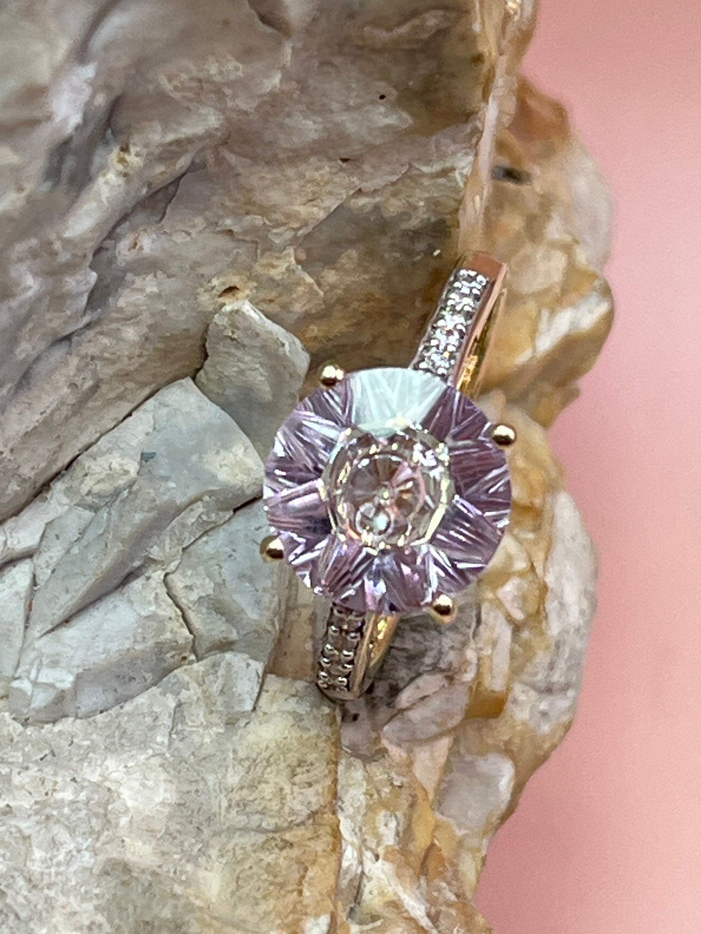 LEHRER 9ct Gold Diamond and Kunzite Fancy Quasar Cut Ring Size - Etsy