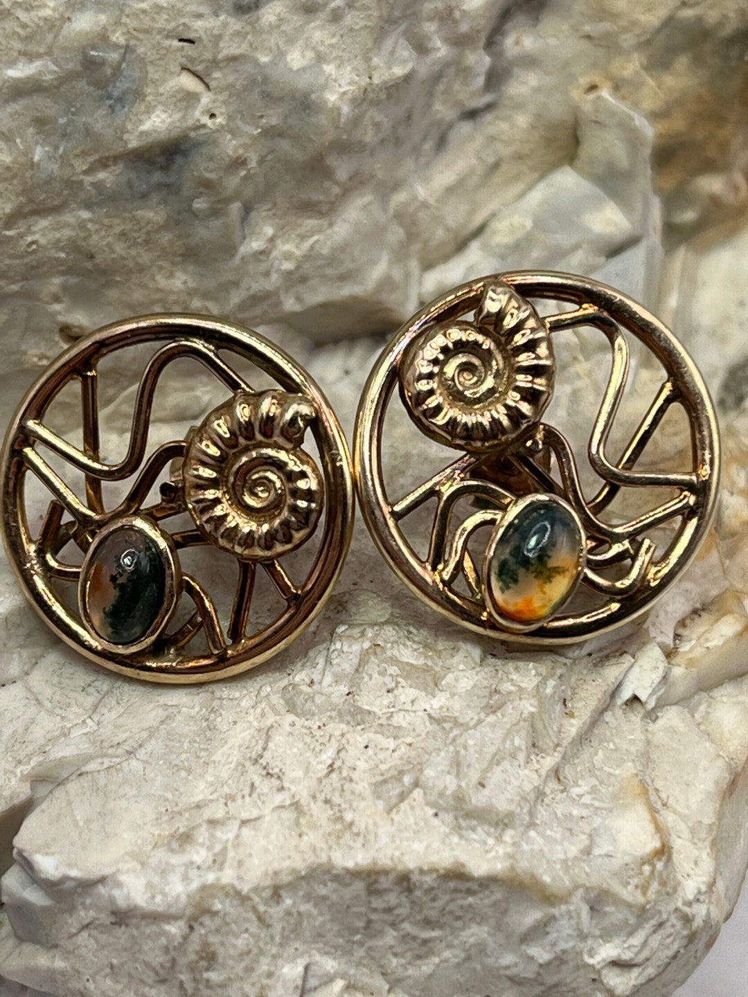 Bespoke 9ct Gold Ammonite & Moss Agate Earrings 1991 Vintage - Etsy