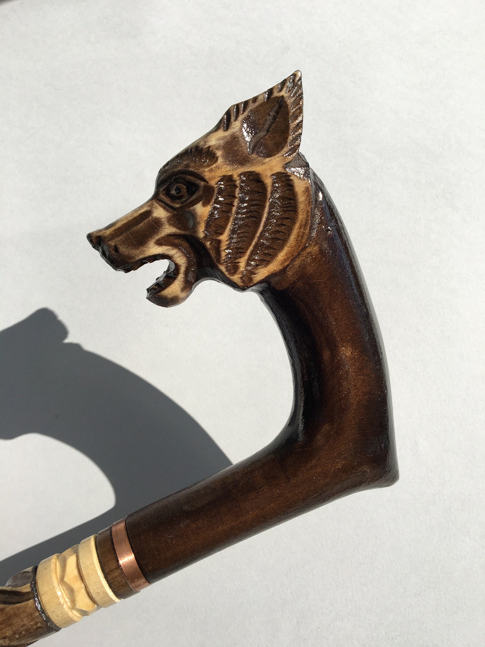 Wood Carved Walking Cane Wolf Walking Stick Comfortable | Etsy