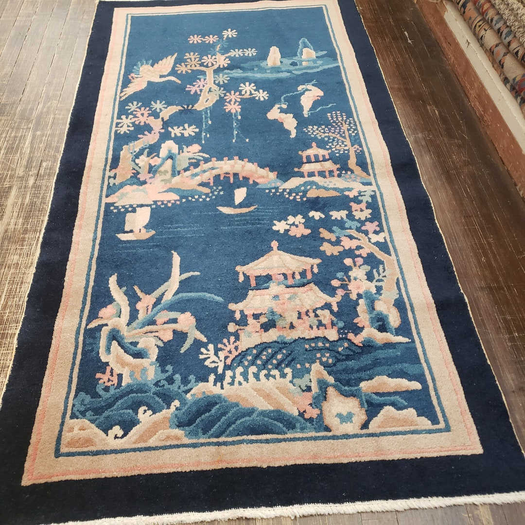 Peking Chinese Art Deco Hard Knotted Wool Rug With Gray Feld With Multi ...