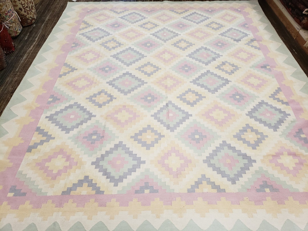 Handwoven Indian Dhurrie Rug Flatweav Pastel Dhurrie Kelim Wool Dhurrie ...