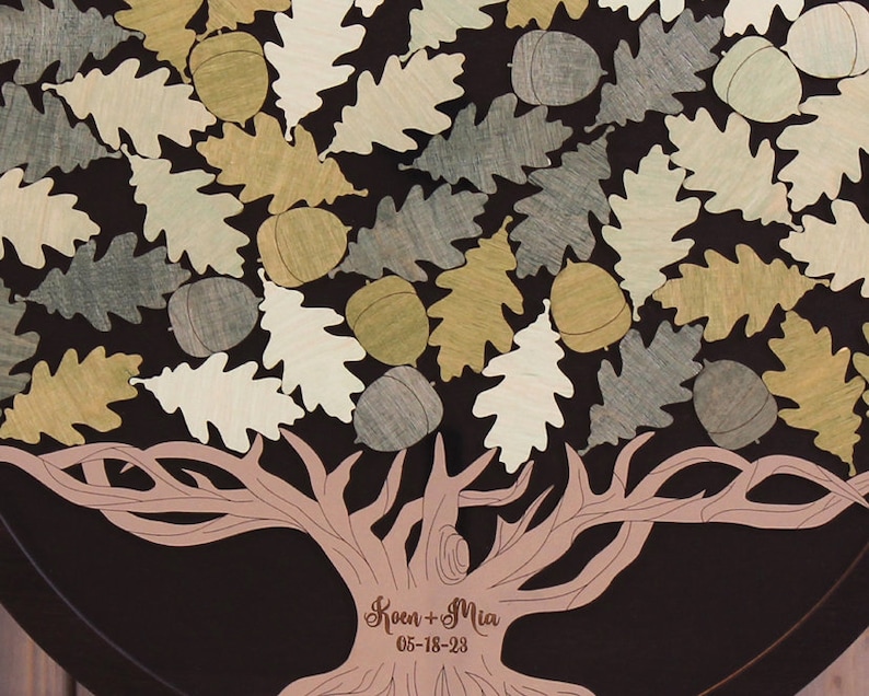 Oak Tree & Leaves Wedding Guest Book Alternative Acorns Round Dropbox ...