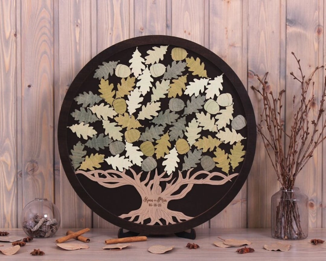 Oak Tree & Leaves Wedding Guest Book Alternative Acorns Round Dropbox ...