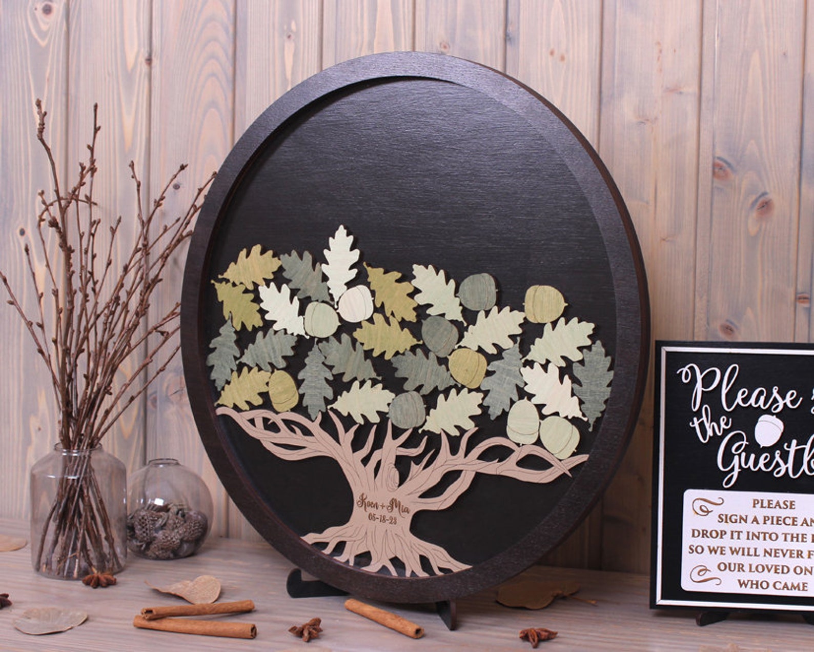 Oak Tree & Leaves Wedding Guest Book Alternative Acorns Round Dropbox ...