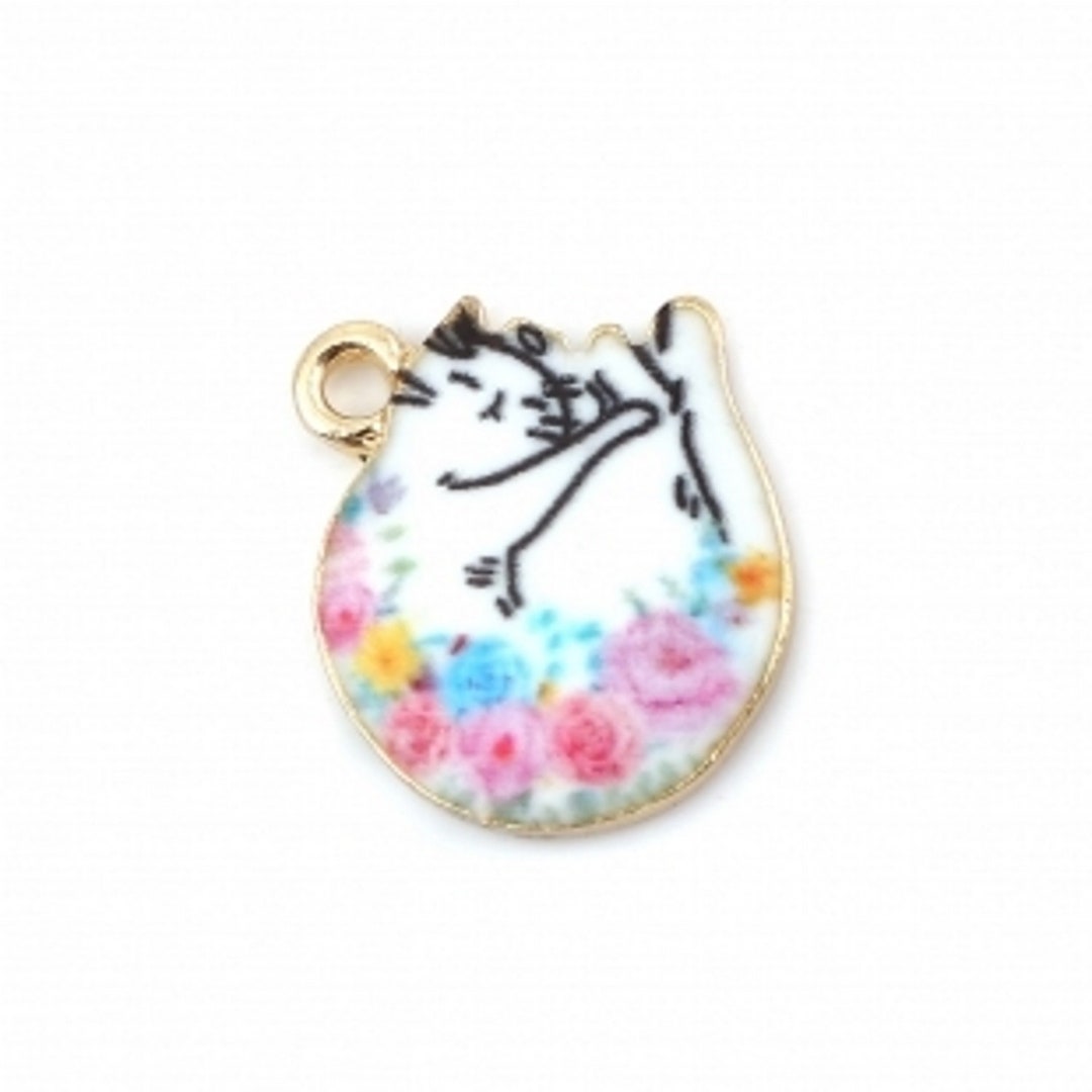 Enameled White W/ Pink Flowers Sleeping Cat Charm #3 - Etsy