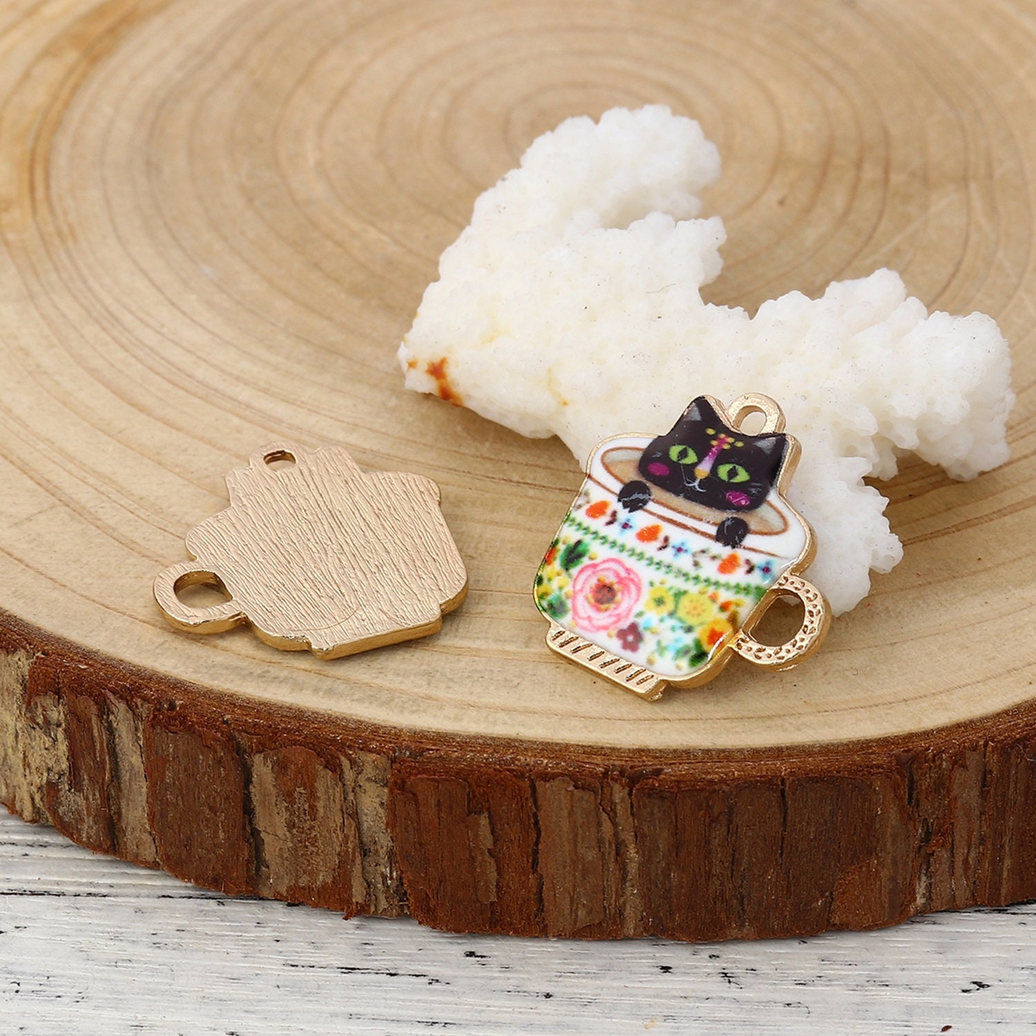 Enameled Cat in Flower Cup Charm - Etsy