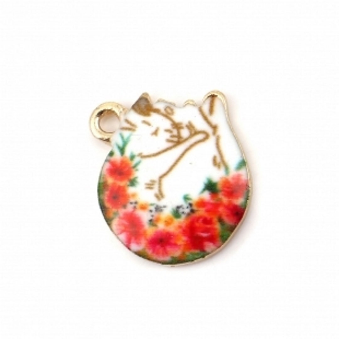 White/red Flowers Sleeping Cat Charm #1 - Etsy