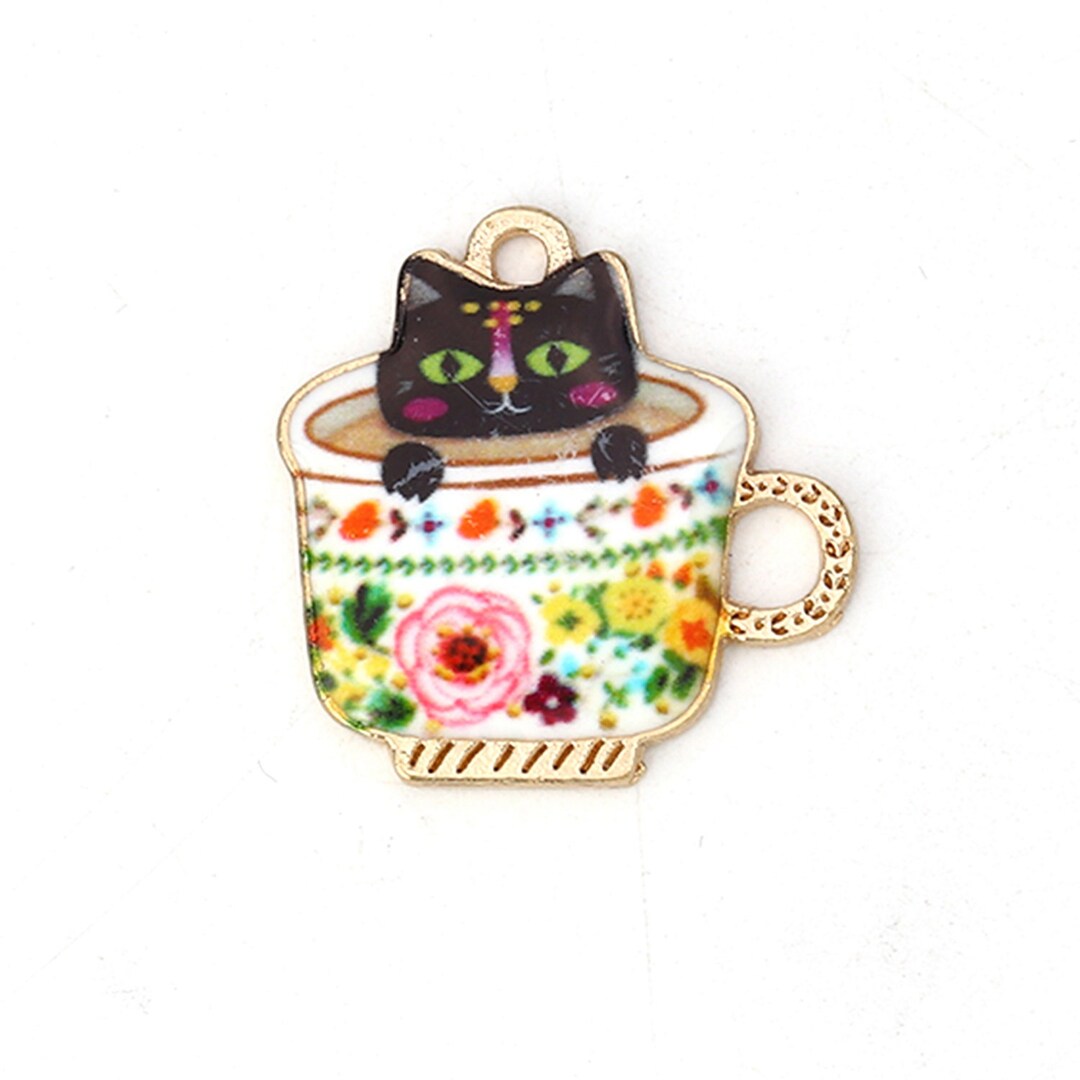 Enameled Cat in Flower Cup Charm - Etsy