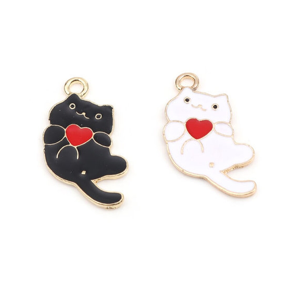 White or Black Enameled Cat W/heart Charm - Etsy